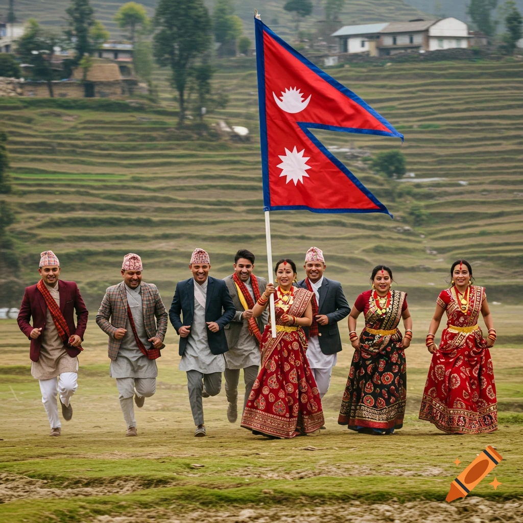 Nepalese people in traditional attire running with Nepal flag on Craiyon