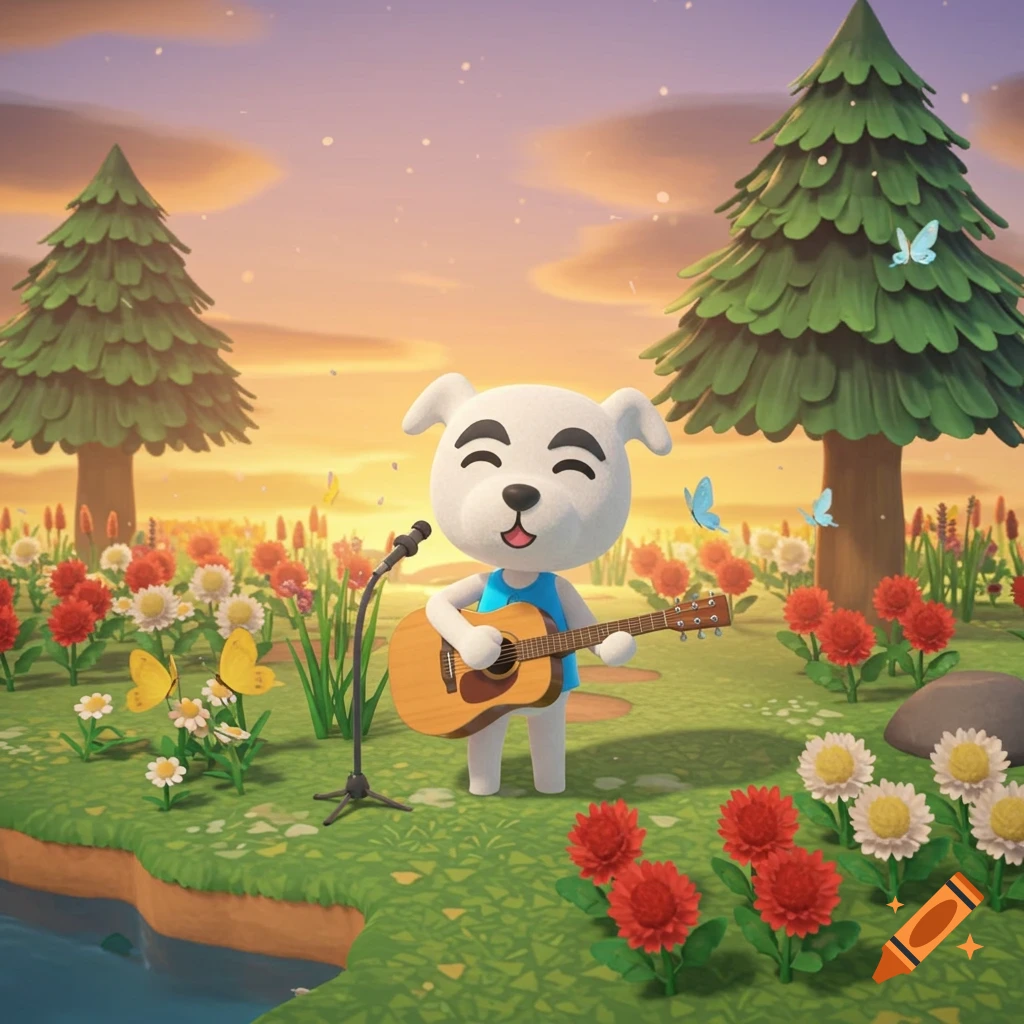KK Slider with guitar in a colorful serene setting on Craiyon