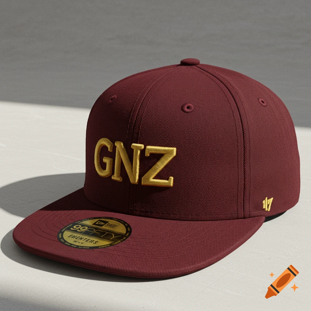 A maroon baseball cap with gold embroidered letters "GNZ" on the front ...