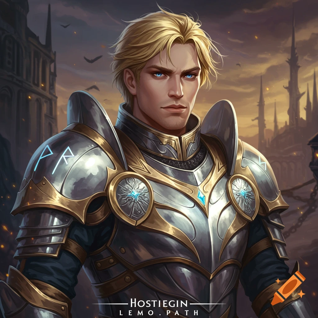 A blonde man in silver and gold fantasy armor stands before a castle. on Craiyon