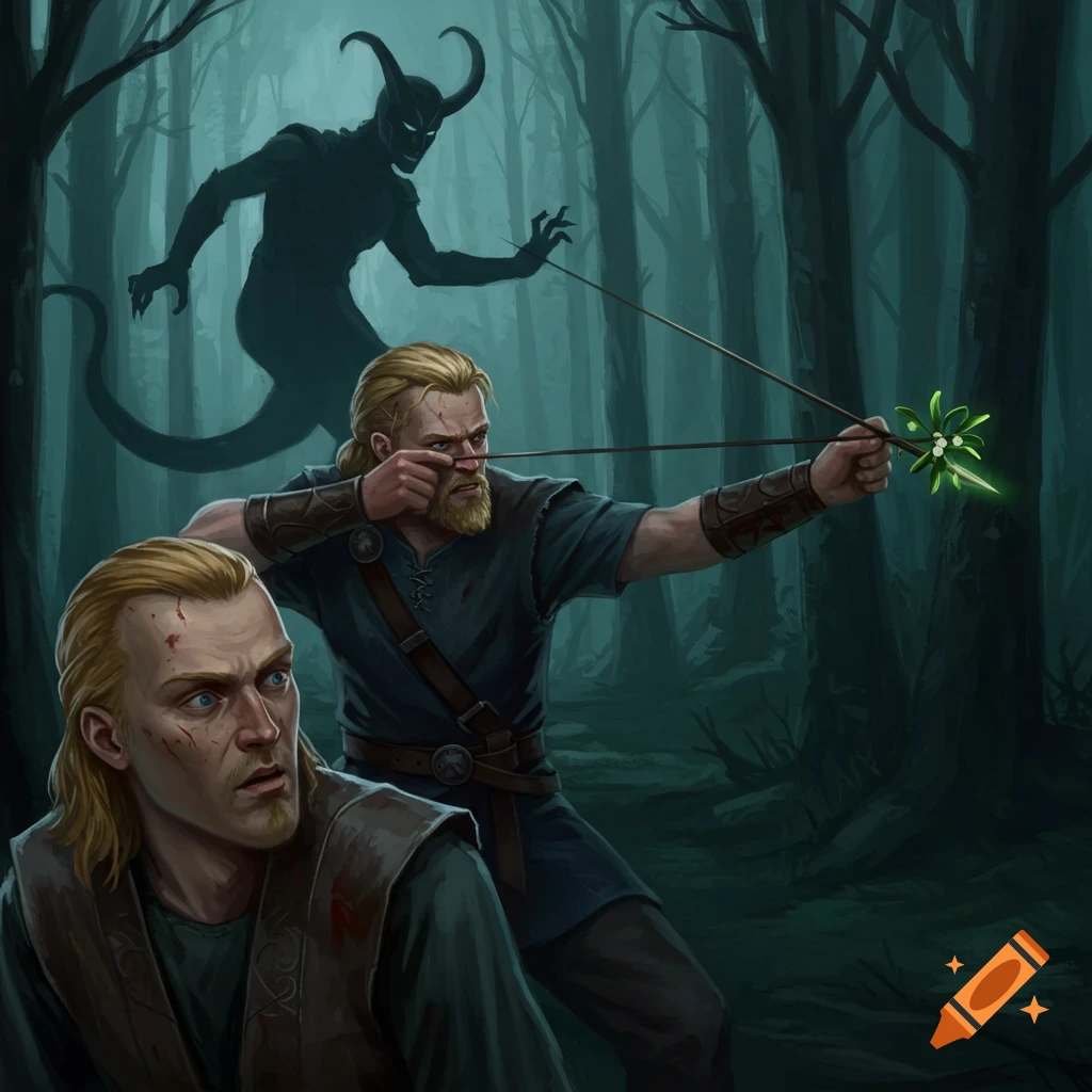 Loki in serpent form watches as Hoor shoots Baldr with mistletoe. on ...