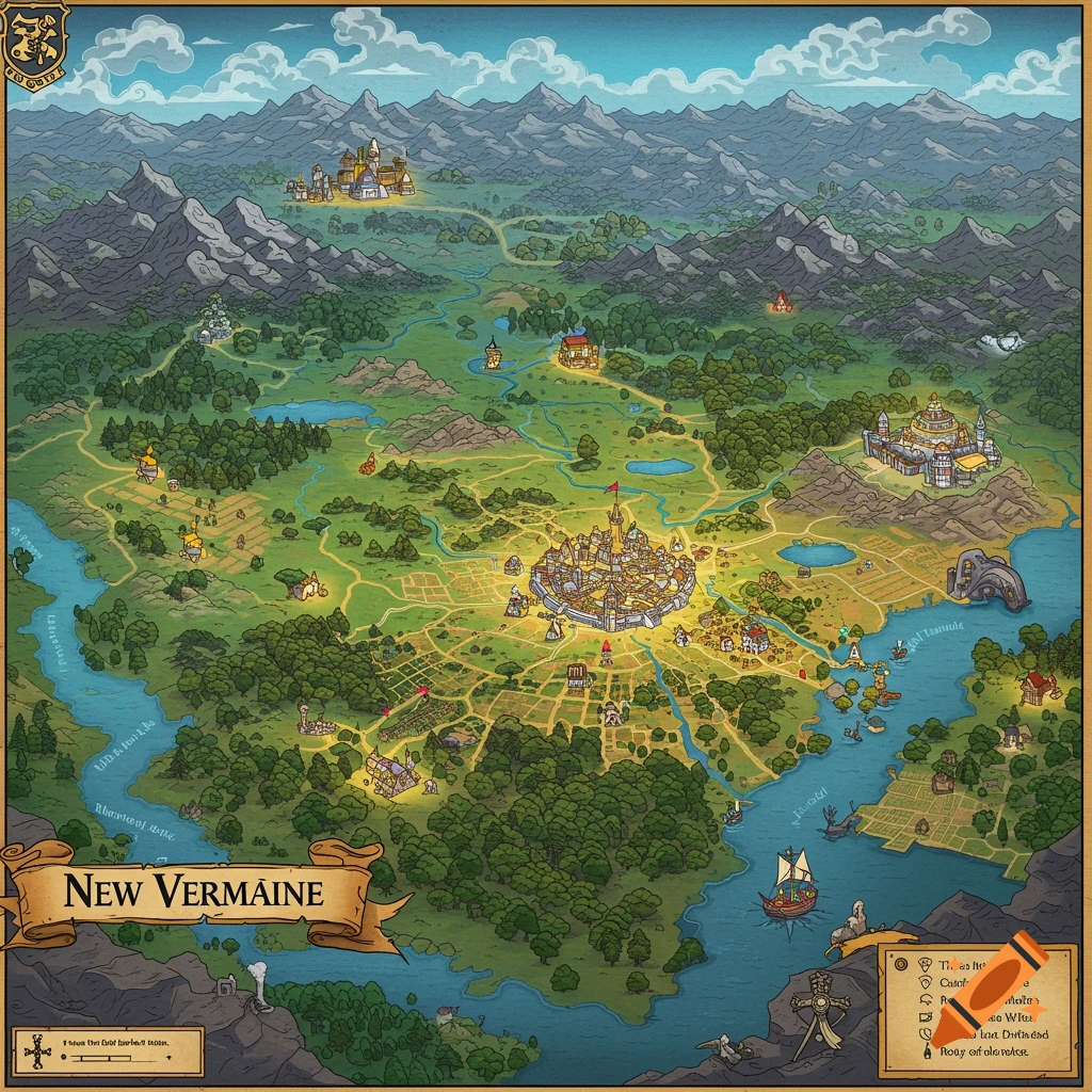 An illustrated fantasy map of a region with a central city, mountains ...