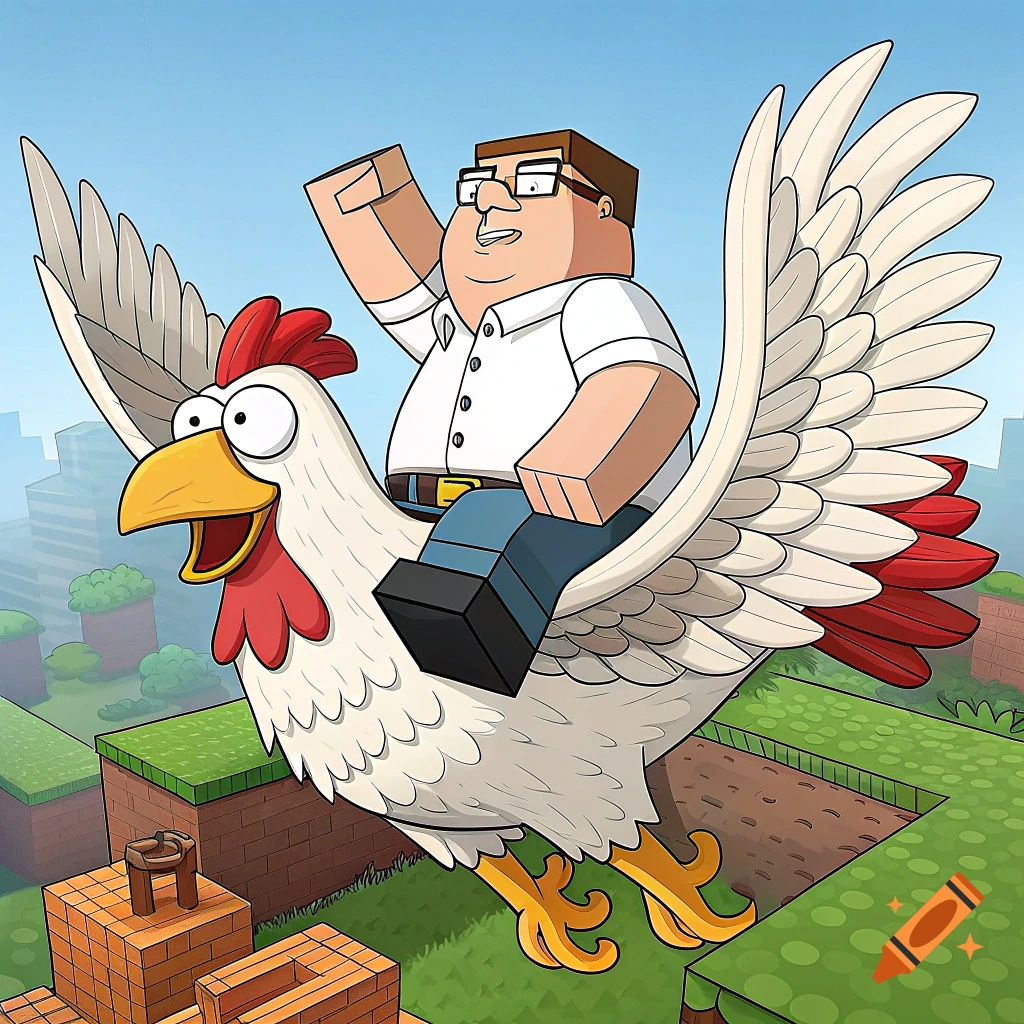 Peter Griffin riding a Minecraft chicken on Craiyon