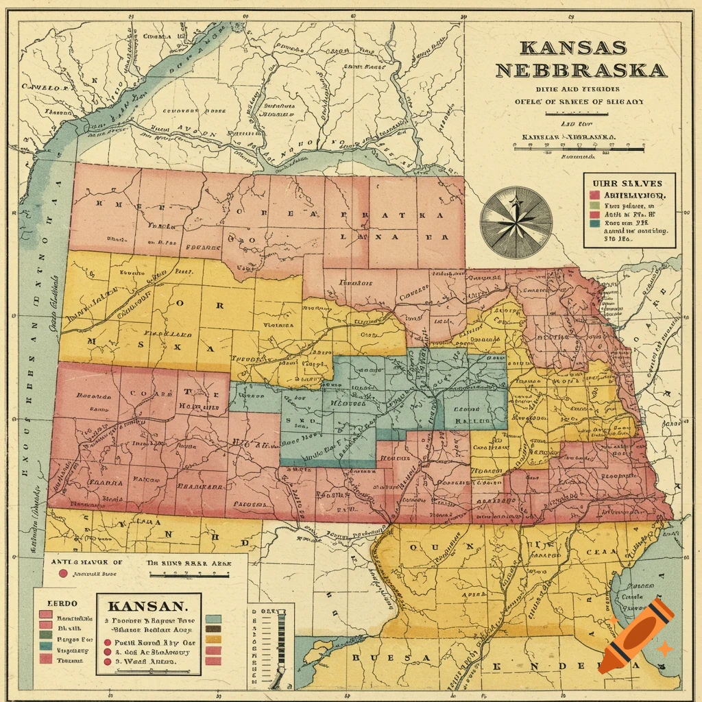 Map of Kansas and Nebraska territories showing pro-slavery and anti ...
