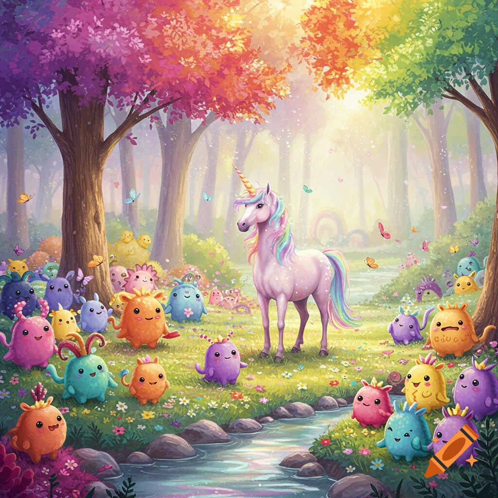 A pink unicorn with a rainbow mane stands in a vibrant fantasy forest with many cute, colorful ...