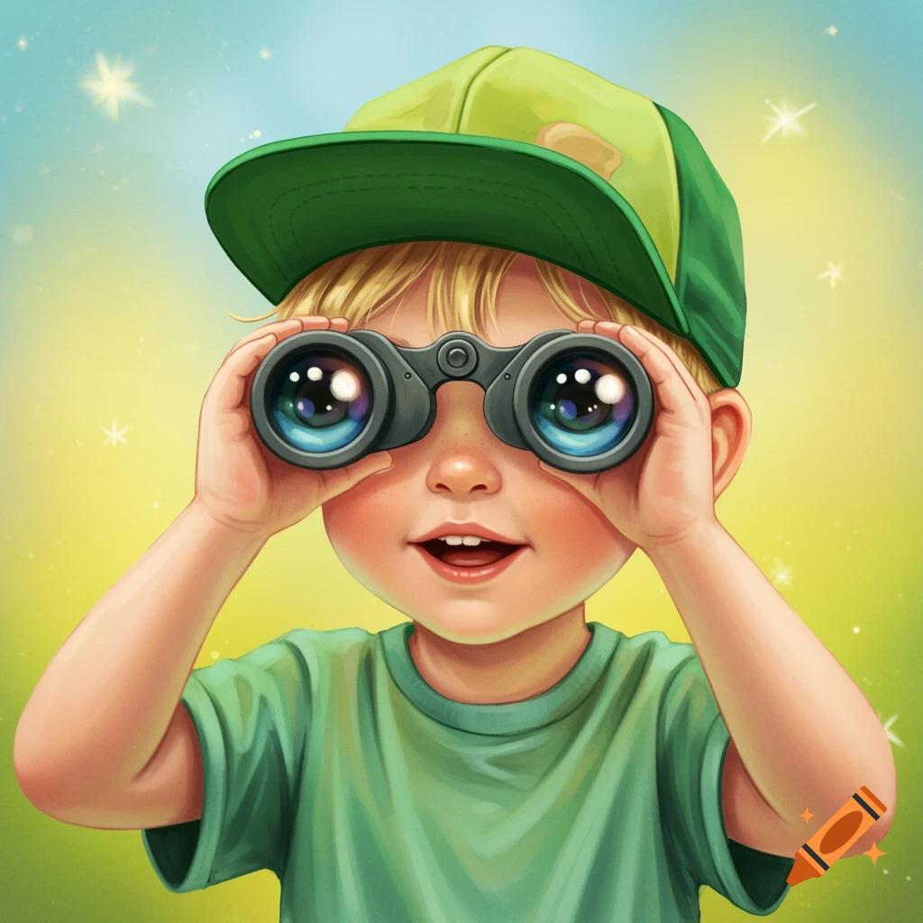 A child in a green cap looks through binoculars. on Craiyon