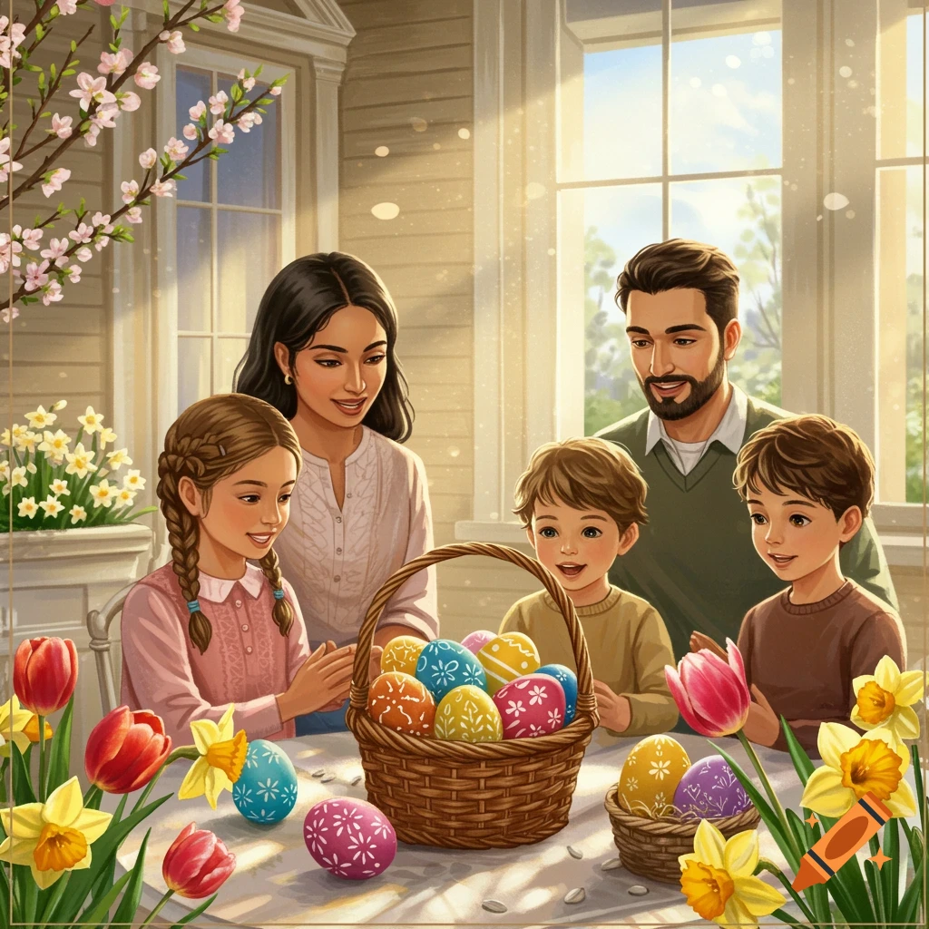 A family decorating Easter eggs with tulips and daffodils in a sunlit room. on Craiyon