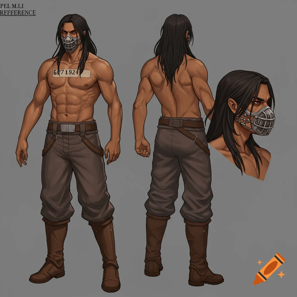 Character reference sheet of a tan man with long black hair, muzzle ...