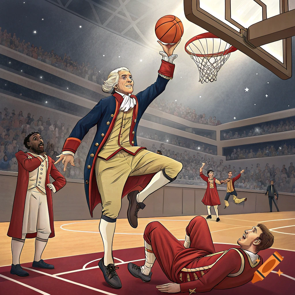 George Washington slam dunking over redcoats on basketball court on Craiyon