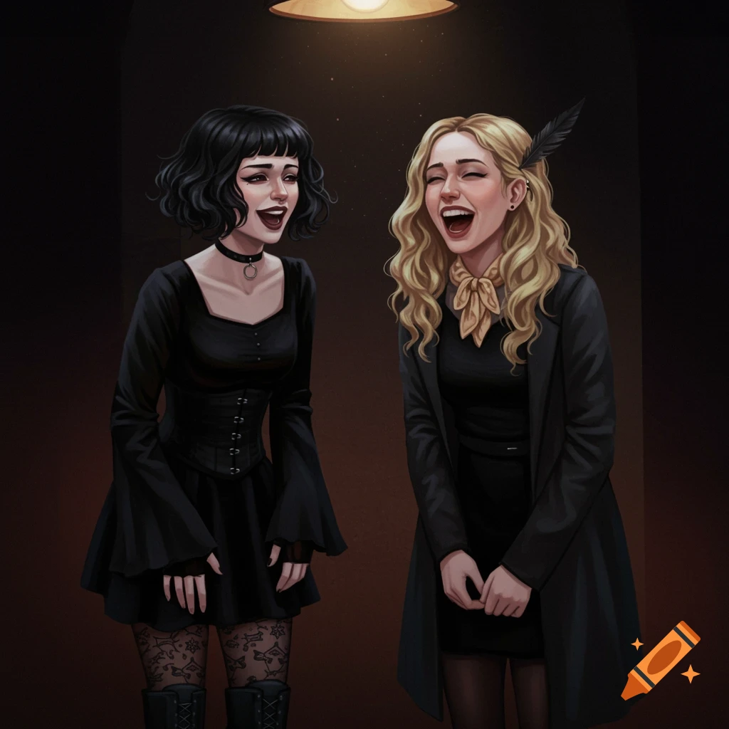 Two girls laughing in a dimly lit room, one in a goth dress. on Craiyon