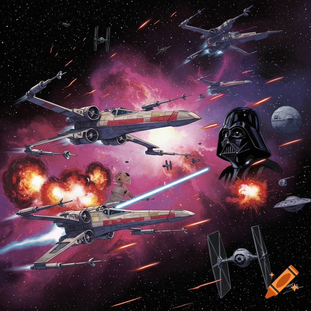 Monochrome Star Wars illustration featuring Darth Vader, Death Star, X ...