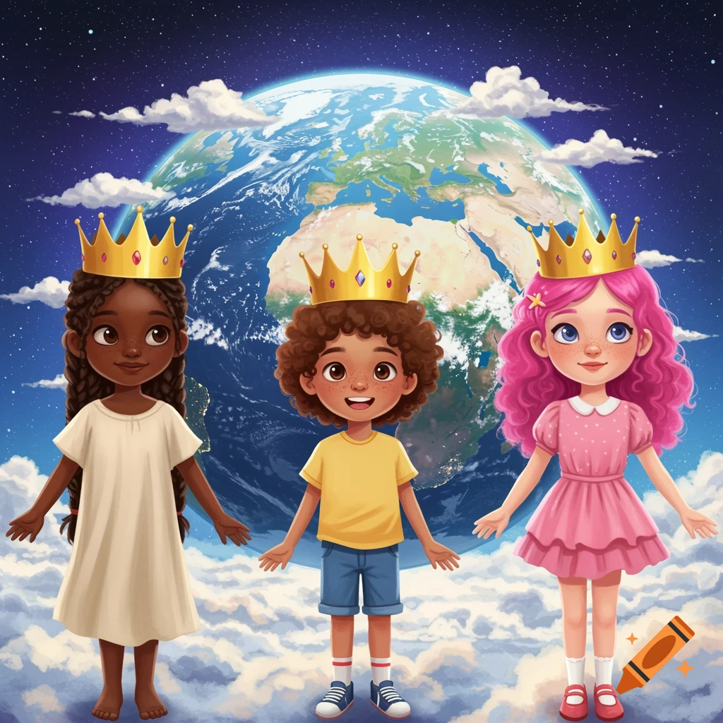 Three diverse children wearing crowns stand in clouds in front of ...