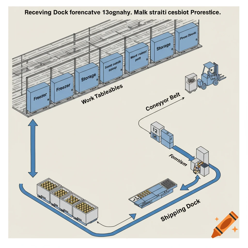 Production process diagram with arrows showing product flow on Craiyon
