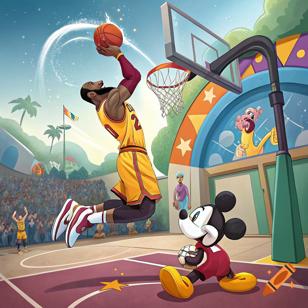 Cartoon of Mickey Mouse, Indiana Jones, and a man cheering at a ...