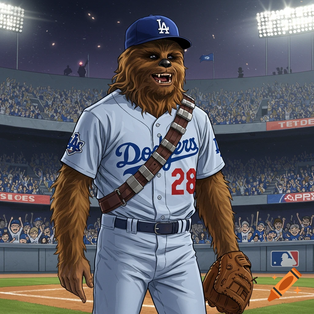 Chewbacca wearing a Los Angeles Dodgers baseball uniform on a field. on ...