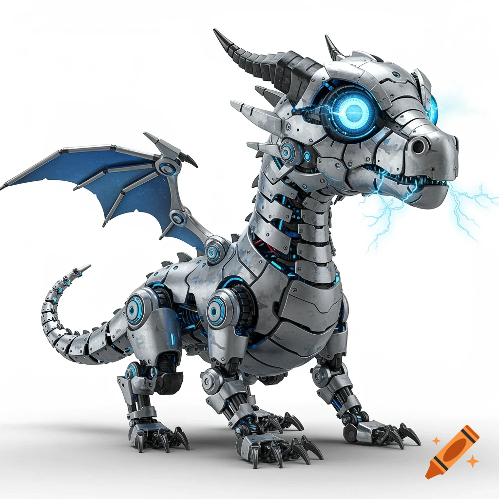 A detailed robot dragon with glowing blue eyes stands on rocks in a ...