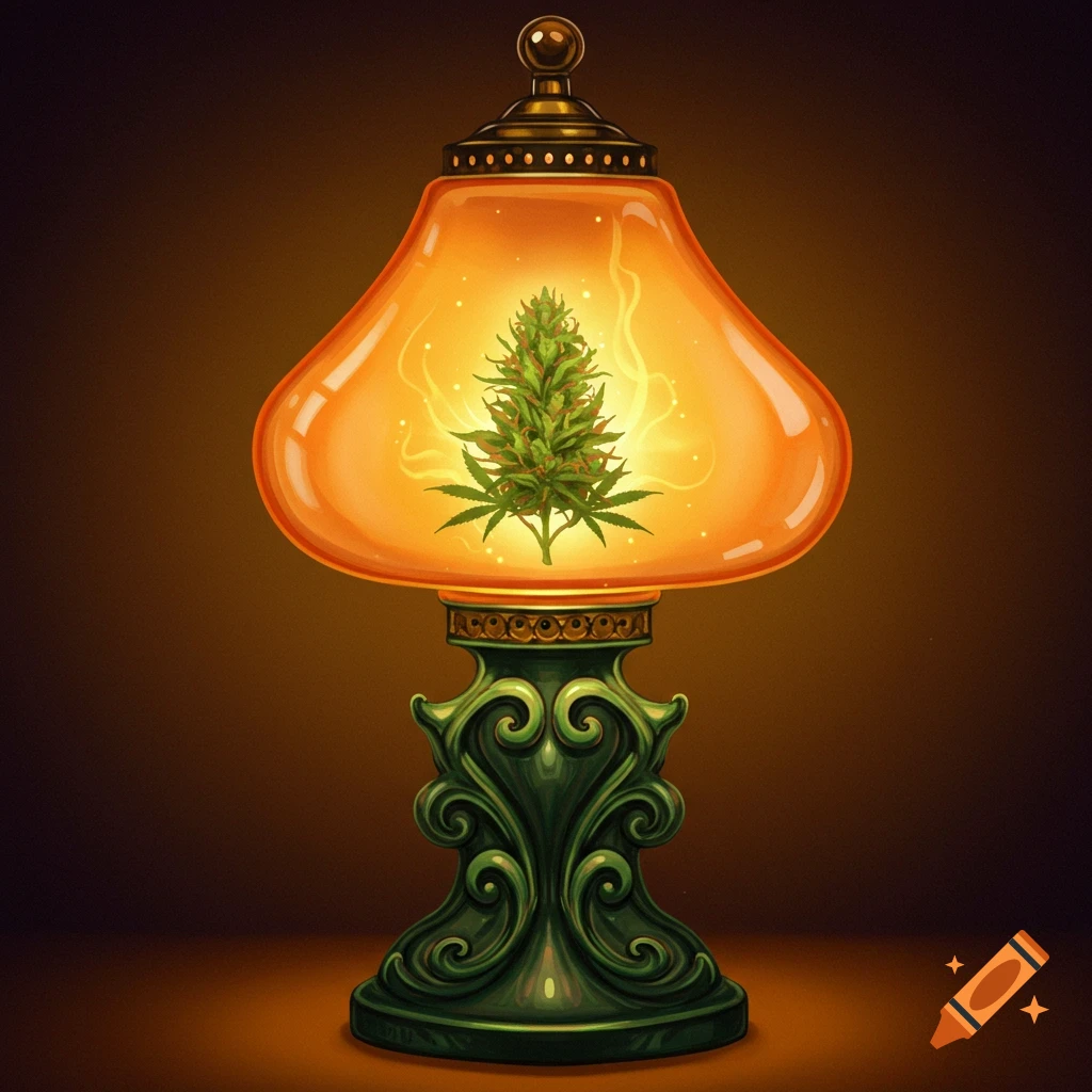 A lamp with a glowing cannabis bud inside. on Craiyon
