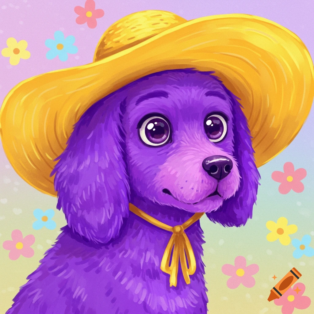 Purple dog wearing a yellow hat on Craiyon