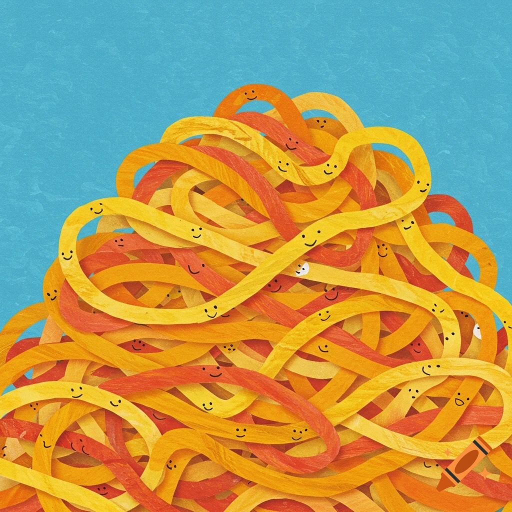 A pile of smiling spaghetti noodles in an illustration style ...