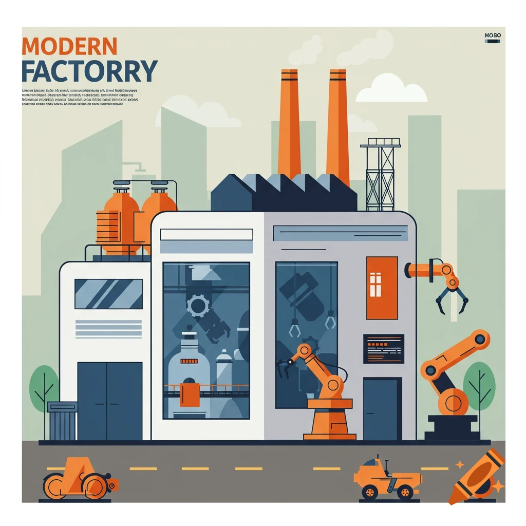 Modern flat-design factory illustration on Craiyon