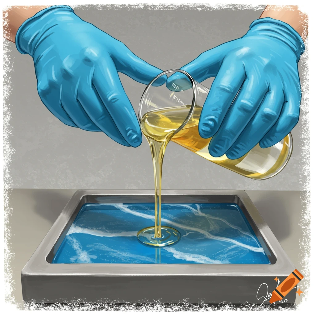 Gloved hands pouring yellow liquid into a tray of blue resin. on Craiyon