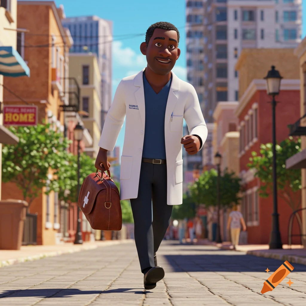 Jamaican American Black doctor walking in the city, Pixar animation ...