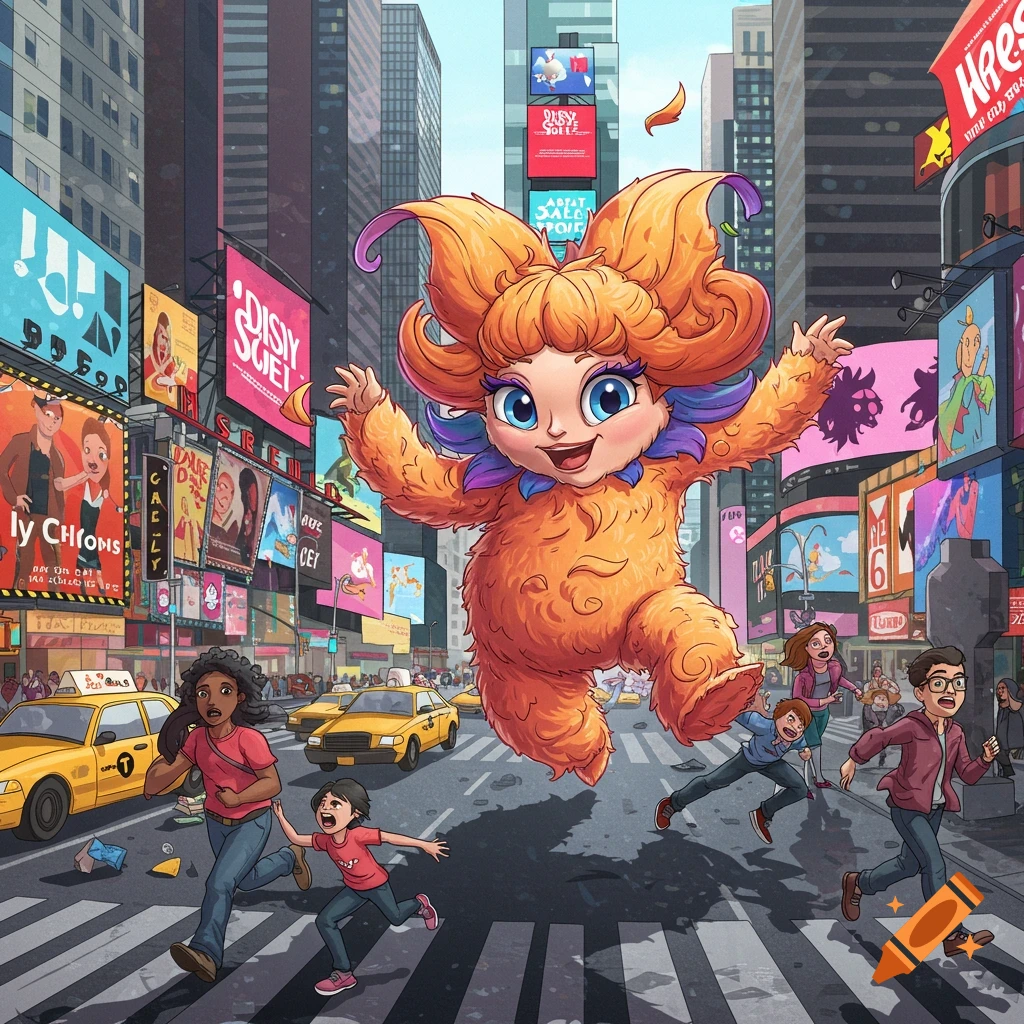 Cartoon illustration of a Daisy monster chasing people in New York City ...