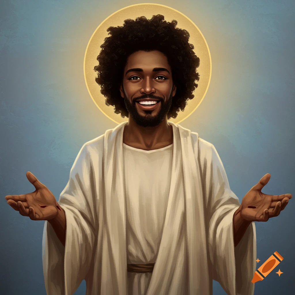 Smiling African American Jesus with afro, hands extended in welcome ...