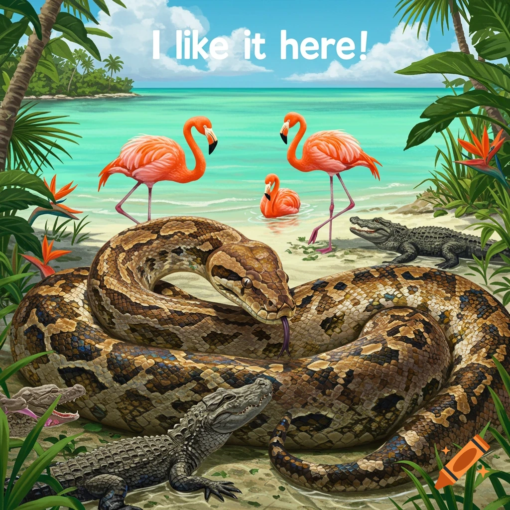 Burmese python with flamingos and alligators in the Florida Keys on Craiyon