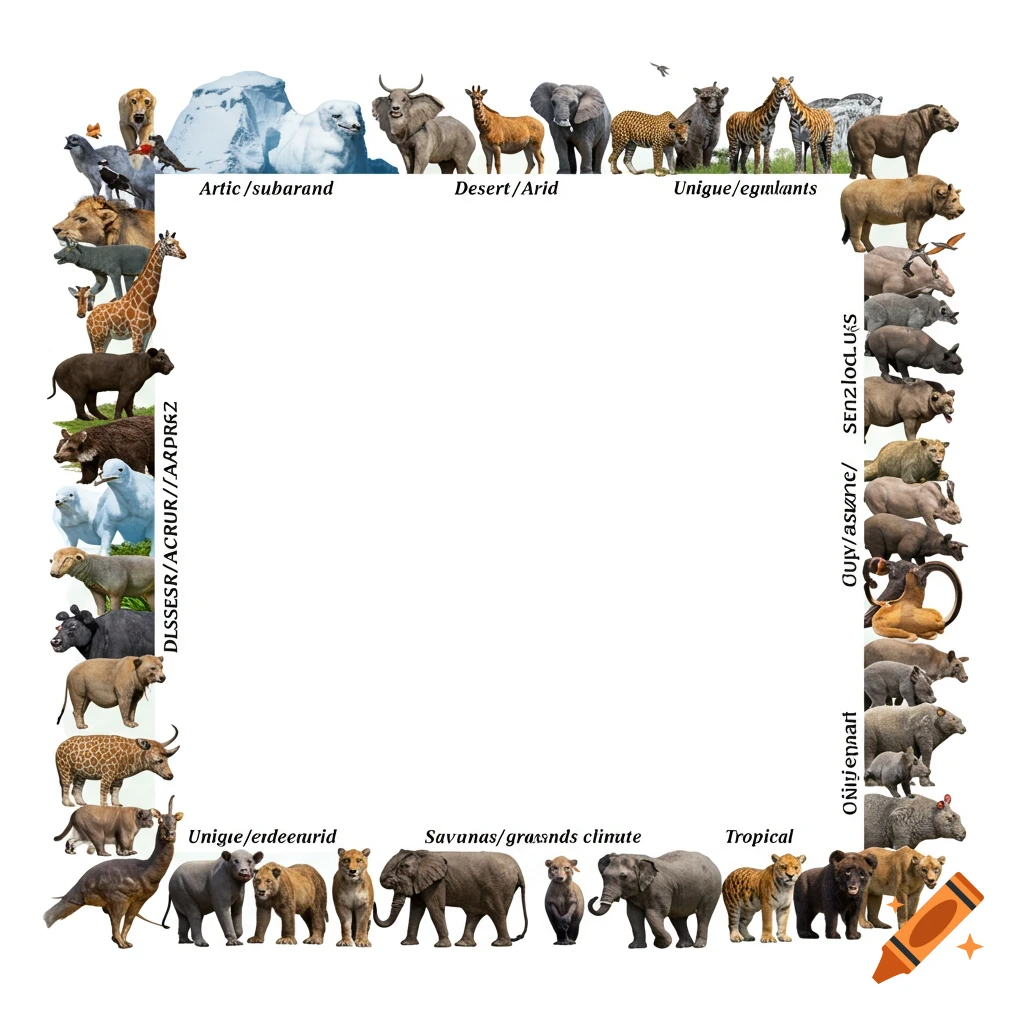 Collage border of animals from different climates around a white center ...