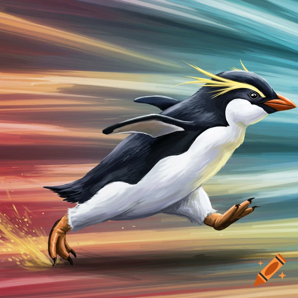 A speedster penguin running fast against a colorful background. on Craiyon