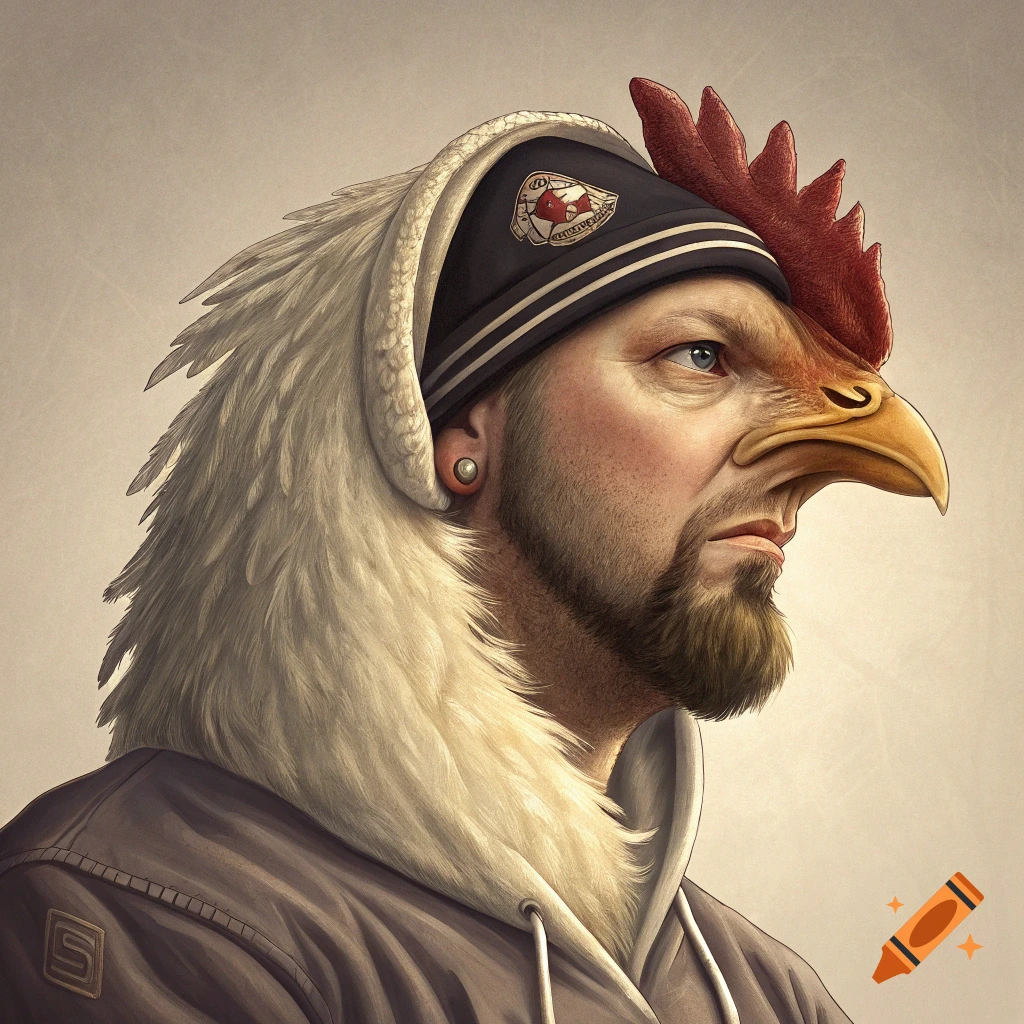 Surreal portrait of a man's head combined with a chicken's head ...