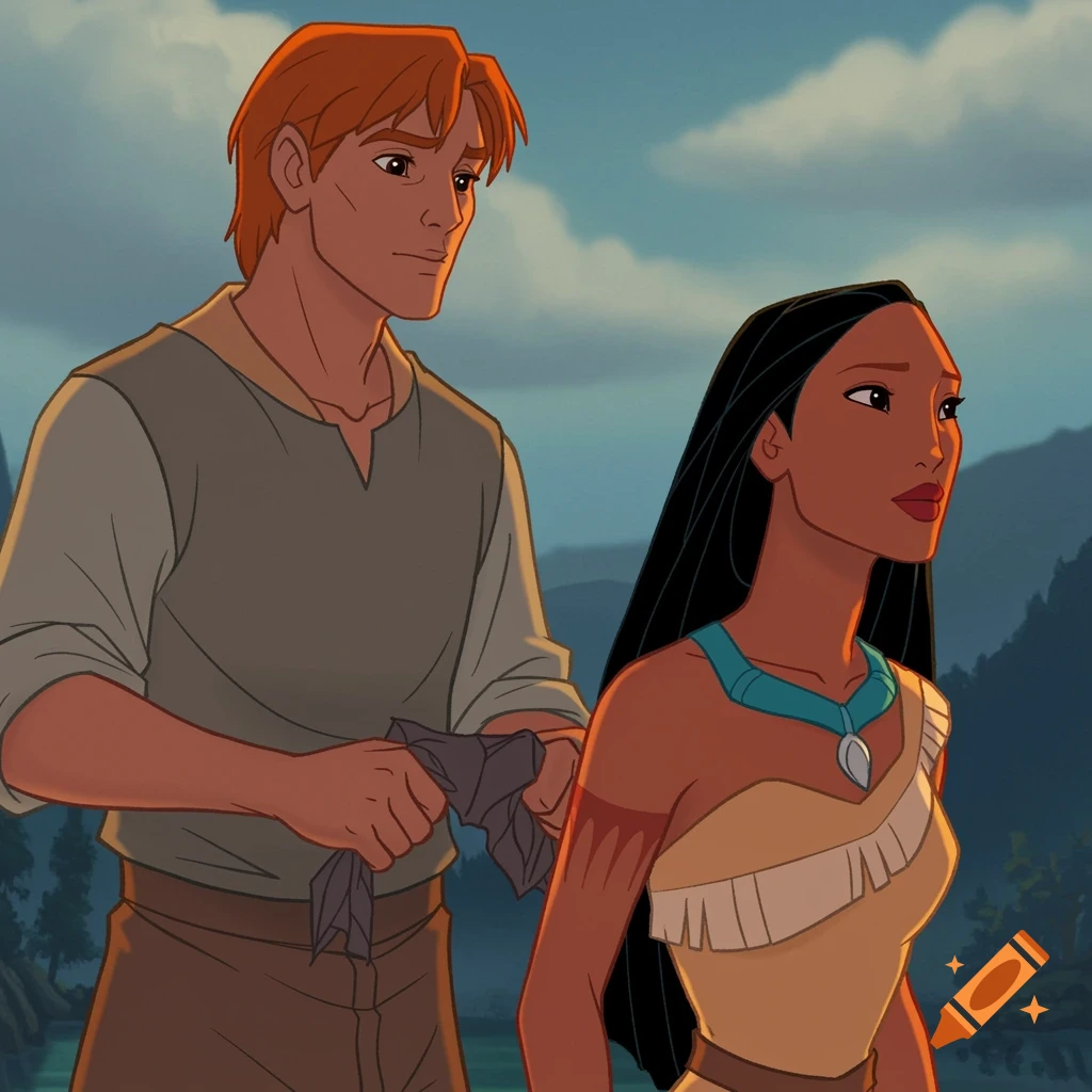 Pocahontas watching John Smith captured in the village, red hair on Craiyon