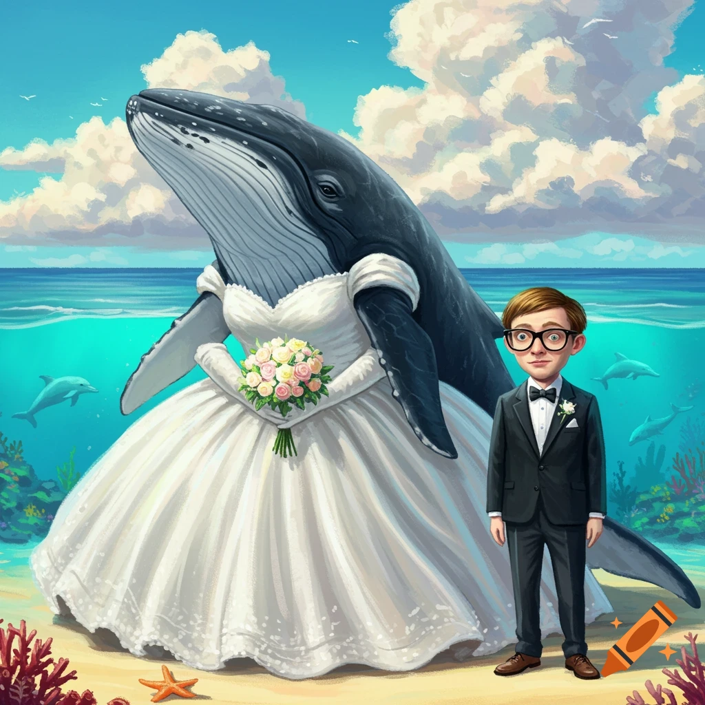 Whale in a wedding dress marrying a dork character illustration or ...