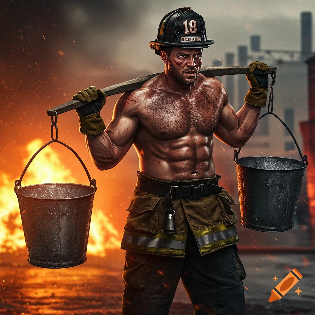 Muscular firefighter carries two buckets on a yoke through a fiery ...