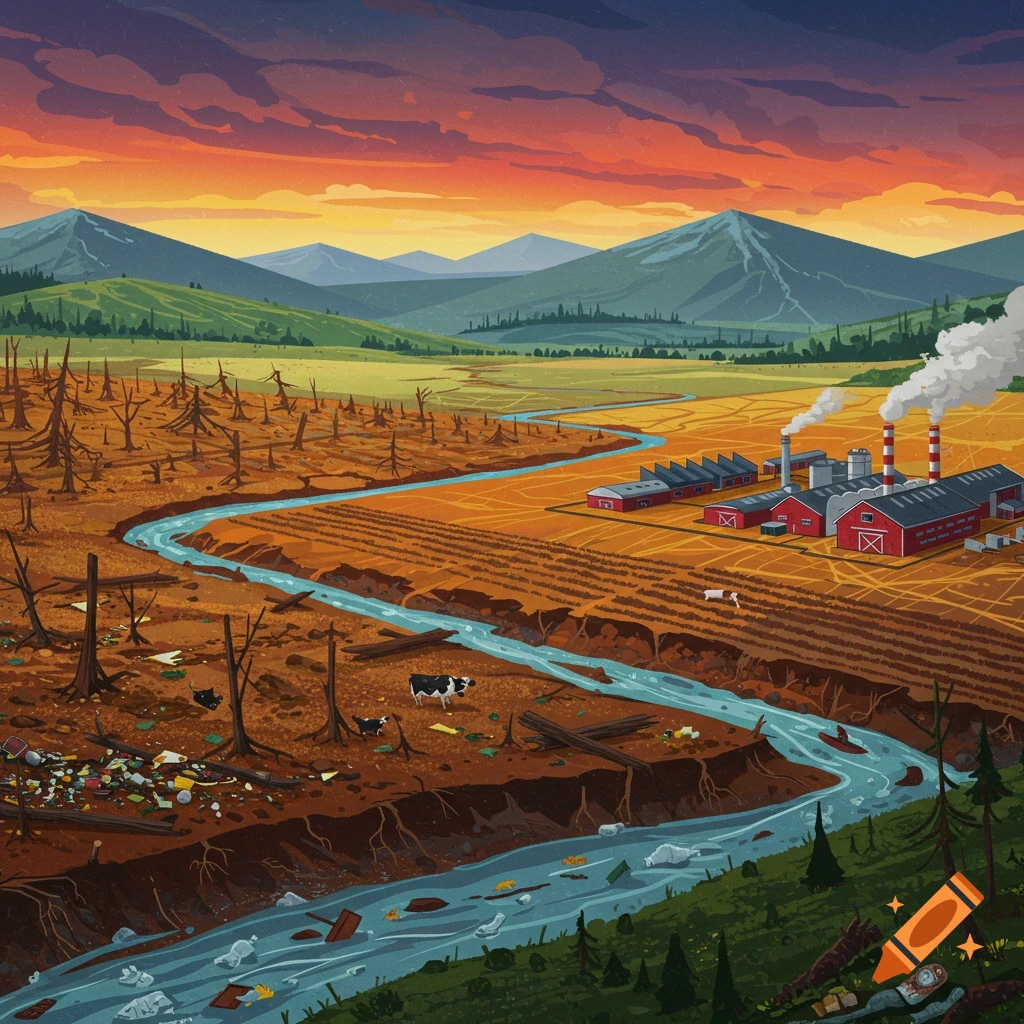 River landscape with symbols illustrating transport of matter ...