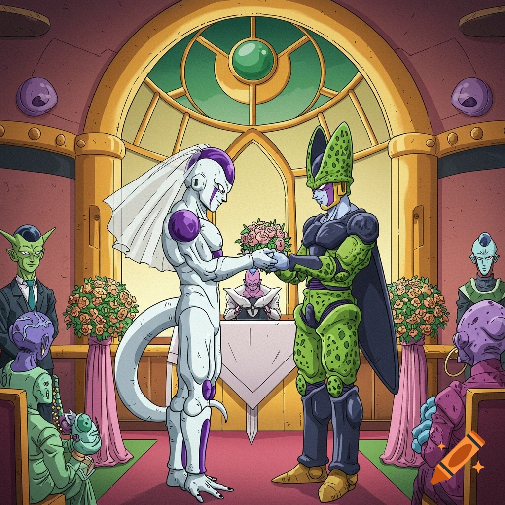 Anime style shows Frieza and Cell getting married in a ceremony. on Craiyon