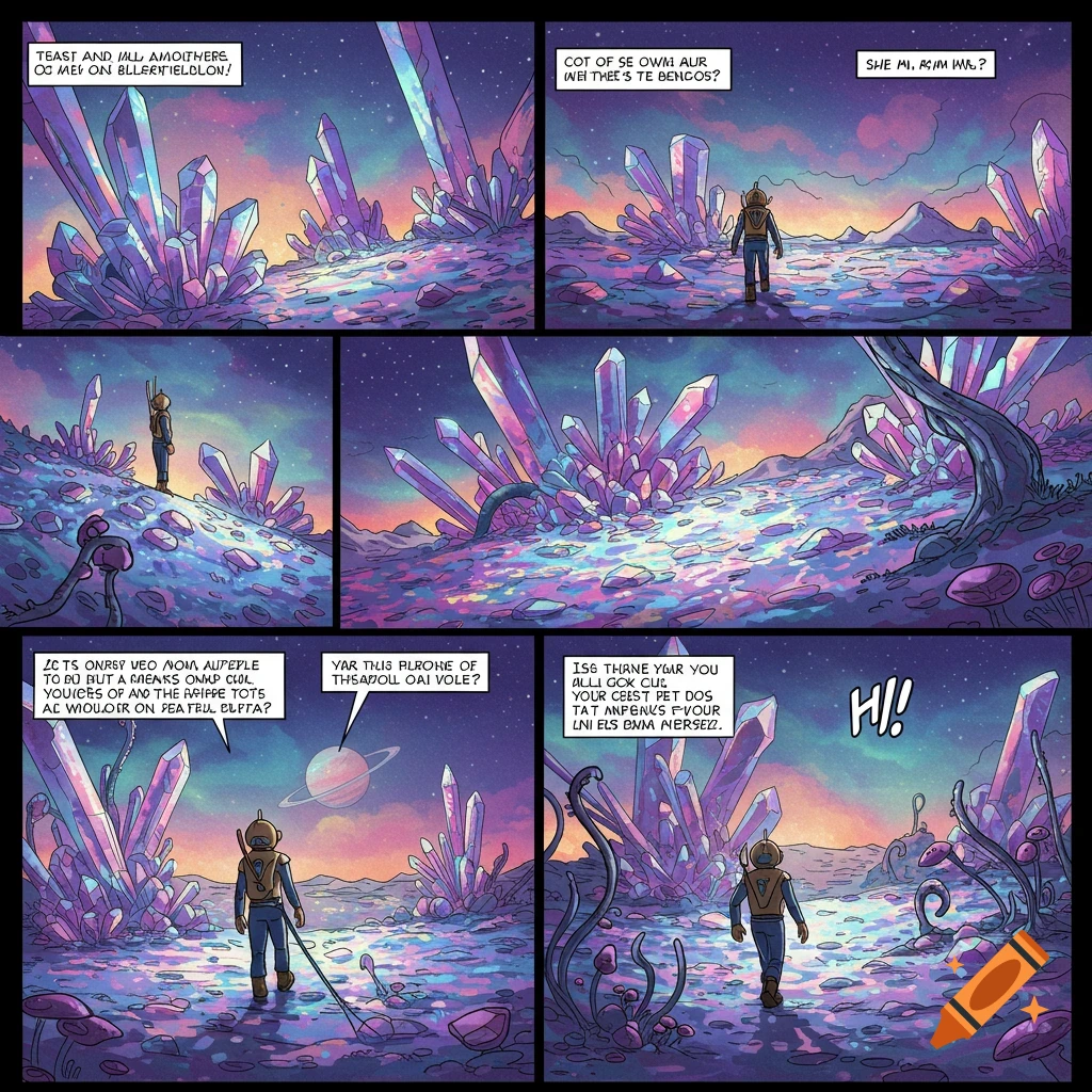 Comic panels depicting a vibrant alien planet with crystal formations ...