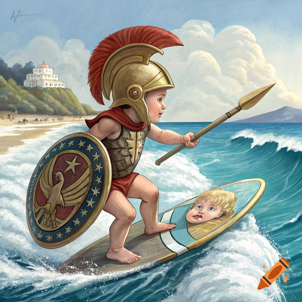 Baby in Spartan gear surfing in Gulf of Mexico, holding Donald Trump on ...