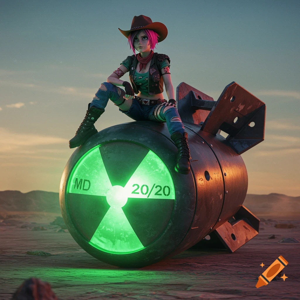 Tank girl in cowboy hat on atomic bomb labeled MD 20/20 on Craiyon