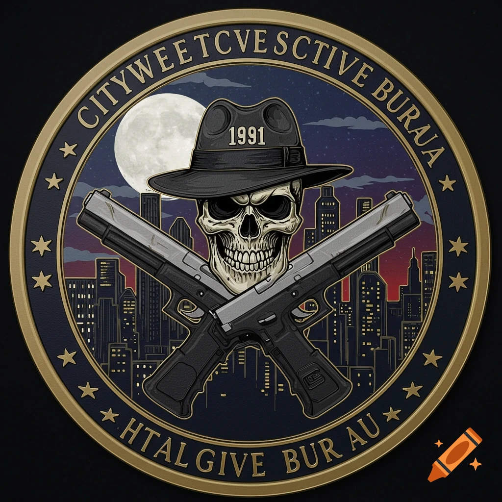 Skull in fedora with crossed Glocks challenge coin, city skyline ...