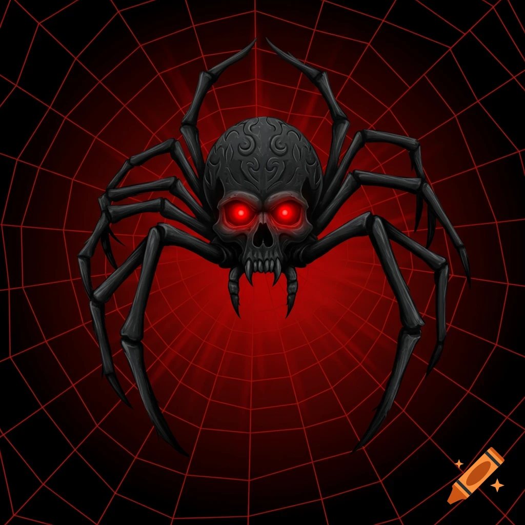 Black skull spider in a red spider web with glowing red eyes on Craiyon