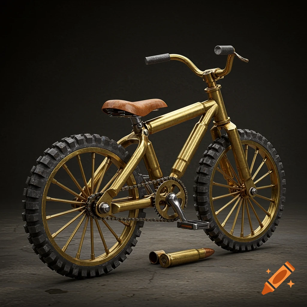 Hyperrealistic digital art of a bicycle made from metallic bullet ...