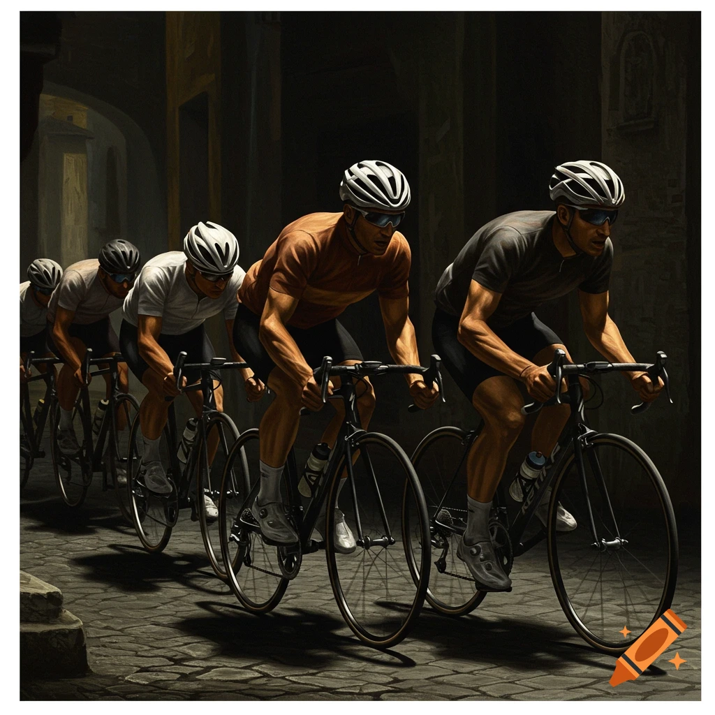 A group of cyclists races on a dark cobblestone street in a dramatic ...
