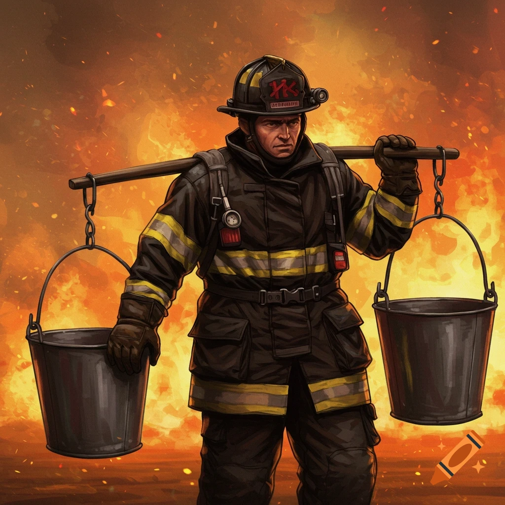A firefighter in bunker gear carries two buckets on a yoke against a ...
