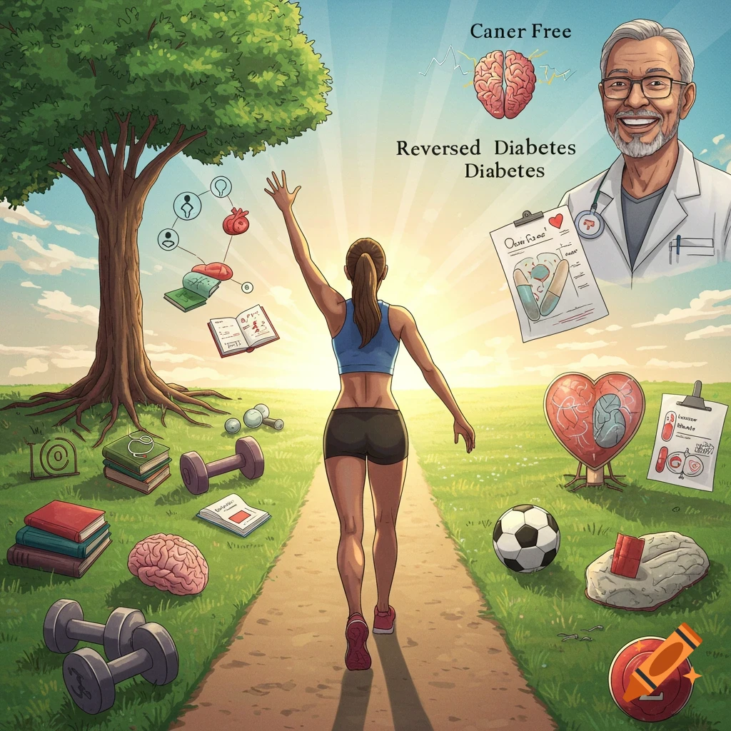 Woman reaching for symbols of growth, father smiling with cancer-free ...