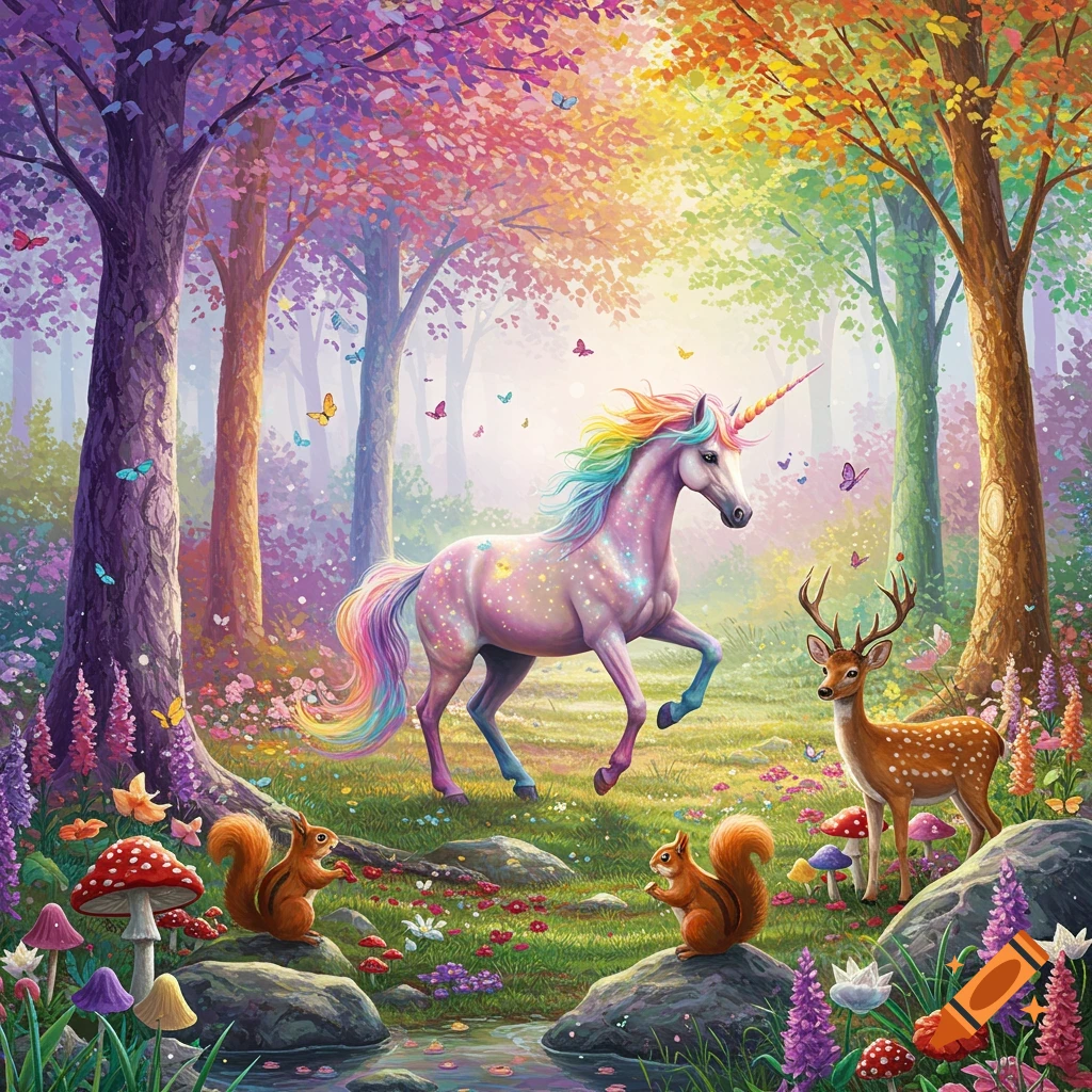 Rainbow unicorn in a forest with cute creatures and rainbow trees on Craiyon