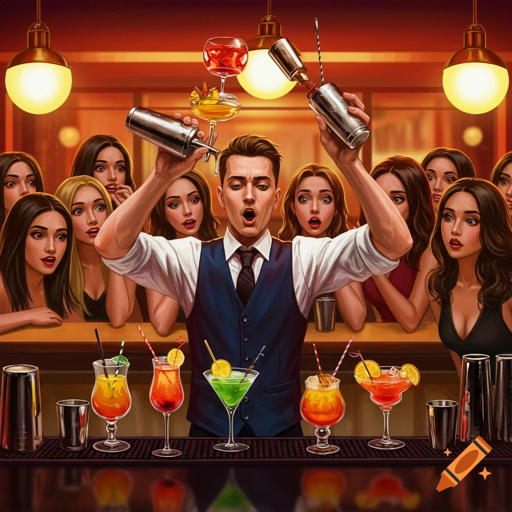 Bartender making multiple drinks with admiring women on Craiyon
