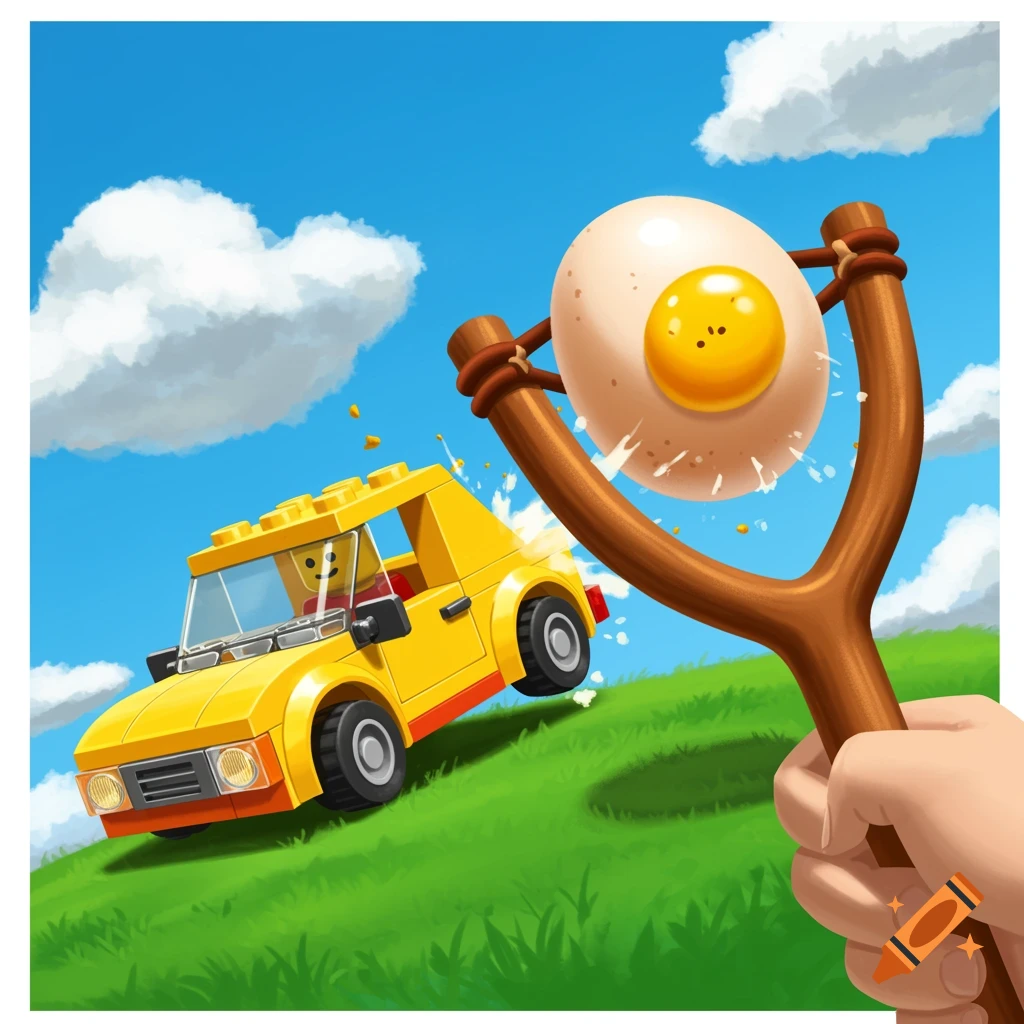 A cartoonish depiction of a yellow Lego car about to be hit by an egg ...