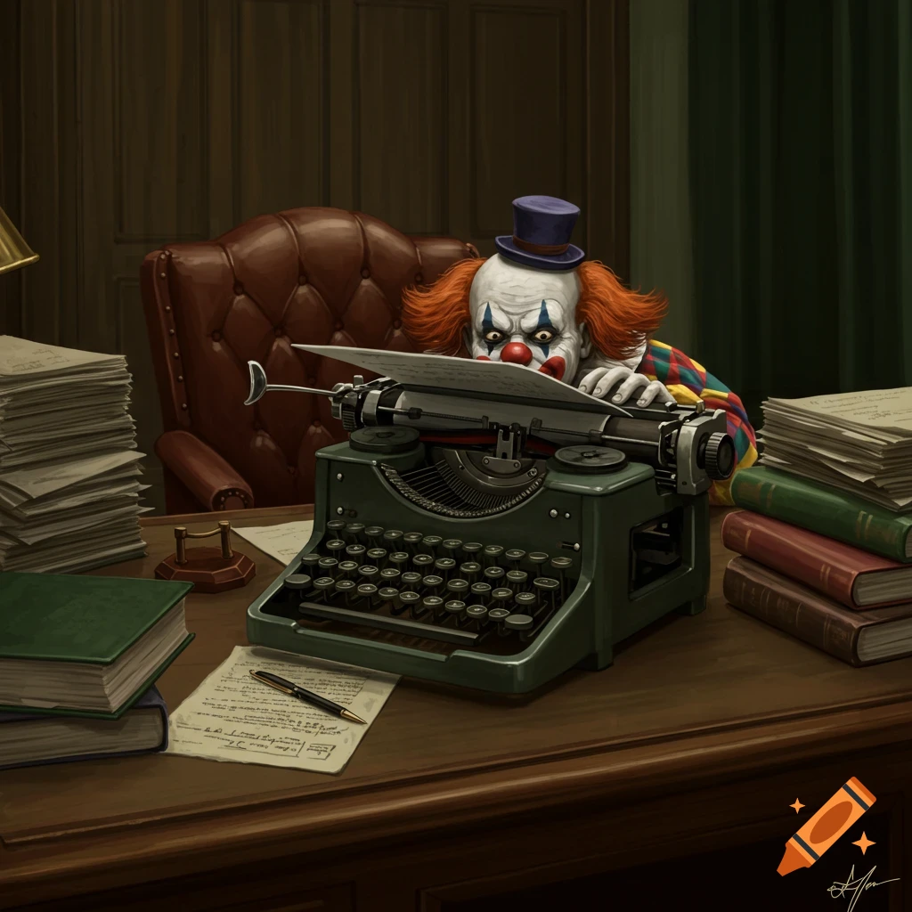 Clown hiding in a typewriter in a legal office, 1976 vintage style ...